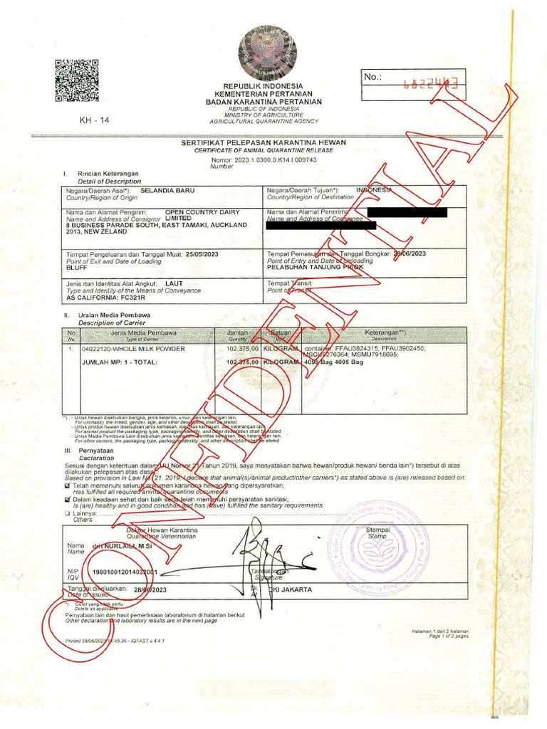 Sertifikat Pelepasan Karantina Hewan | PDF