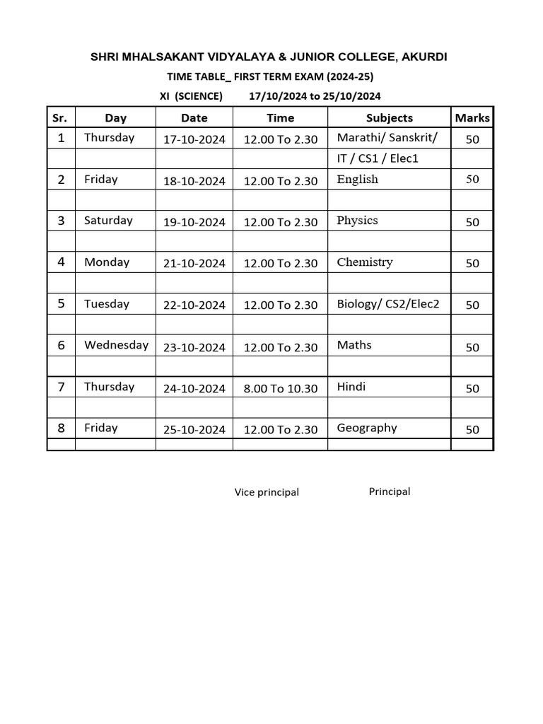 XI - First Term - Time Table - 2024-25 | PDF