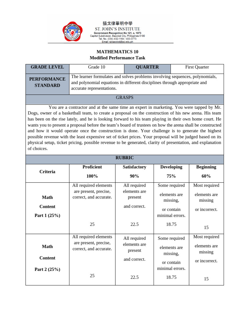 Math 10 1st Q Mini Tasks and PT | PDF | Mathematics