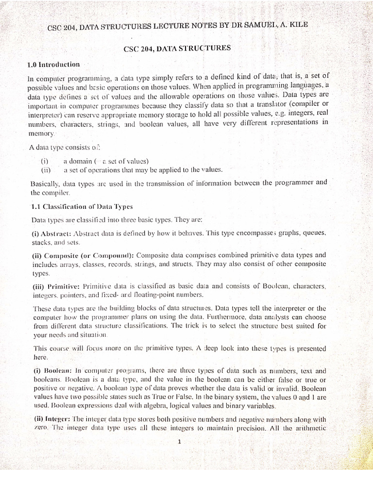 CSC 204, Data Structures Lecture Notes | PDF