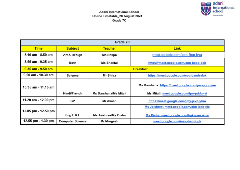 Grade 7C 28 August Online Timetable | PDF
