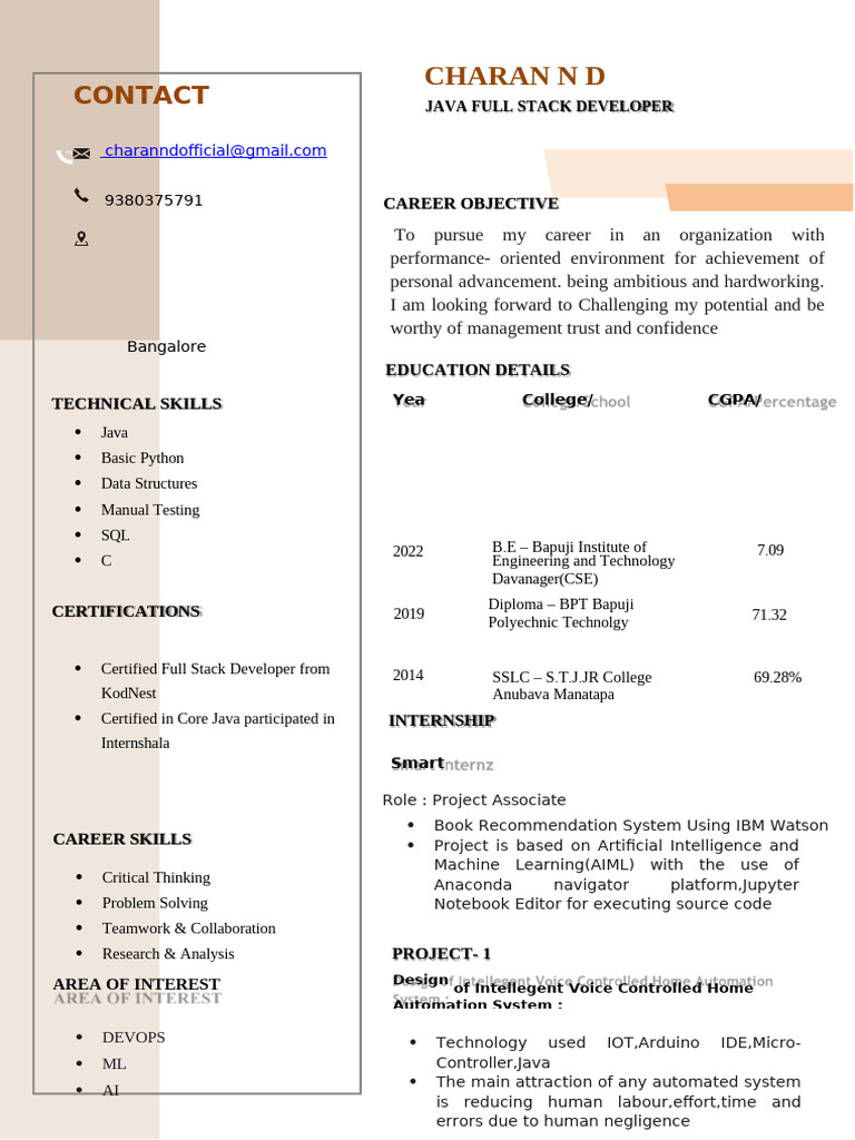 Narendra B O Resume New | PDF | Java (Programming Language) | Artificial Intelligence
