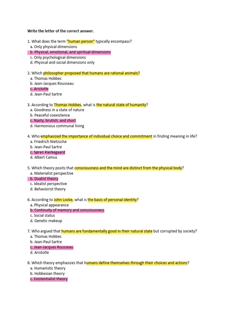 Human Nature Test Questions | PDF | Existentialism | Human Nature