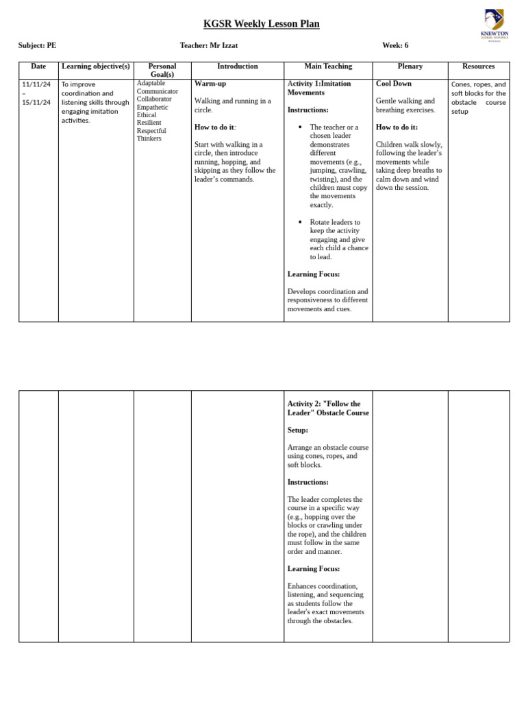 Physical Education - Lesson Plan W6 | PDF | Physical Education | Lesson ...