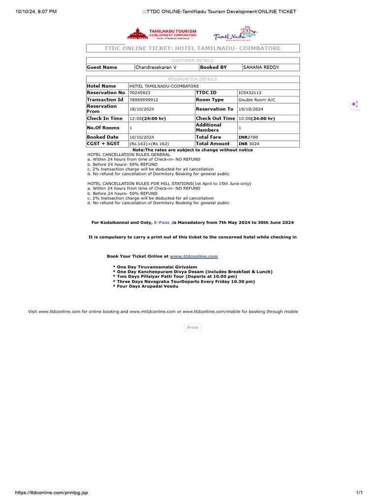 TTDC ONLINE-TamilNadu Tourism Development - ONLINE TICKET | PDF | Hotel | Hospitality Industry