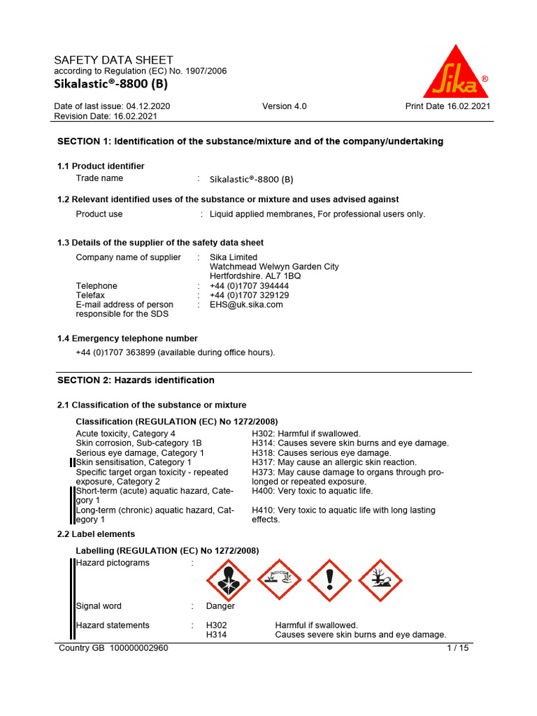 Sikalastic® 8800 B SDS 1 | PDF | Dangerous Goods | Toxicity