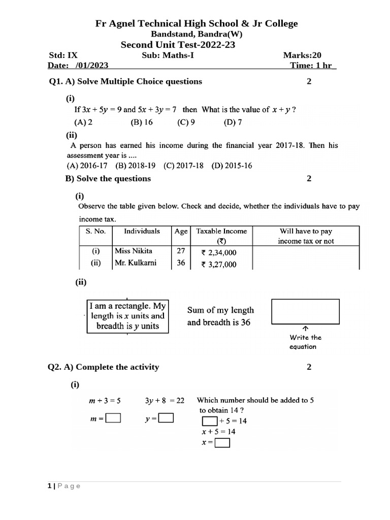 Algebra 2st Unit Test X 2022-23 | PDF