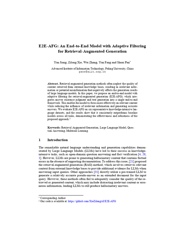 An End To End Model With Adaptive Filtering For Retrieval Augmented Generation Pdf Computing