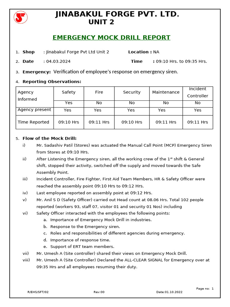 Emergency Mock Drill Report: Jinabakul Forge | PDF | Safety | Public Safety