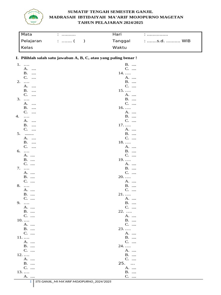 Format Soal STS 2024 2025 | PDF