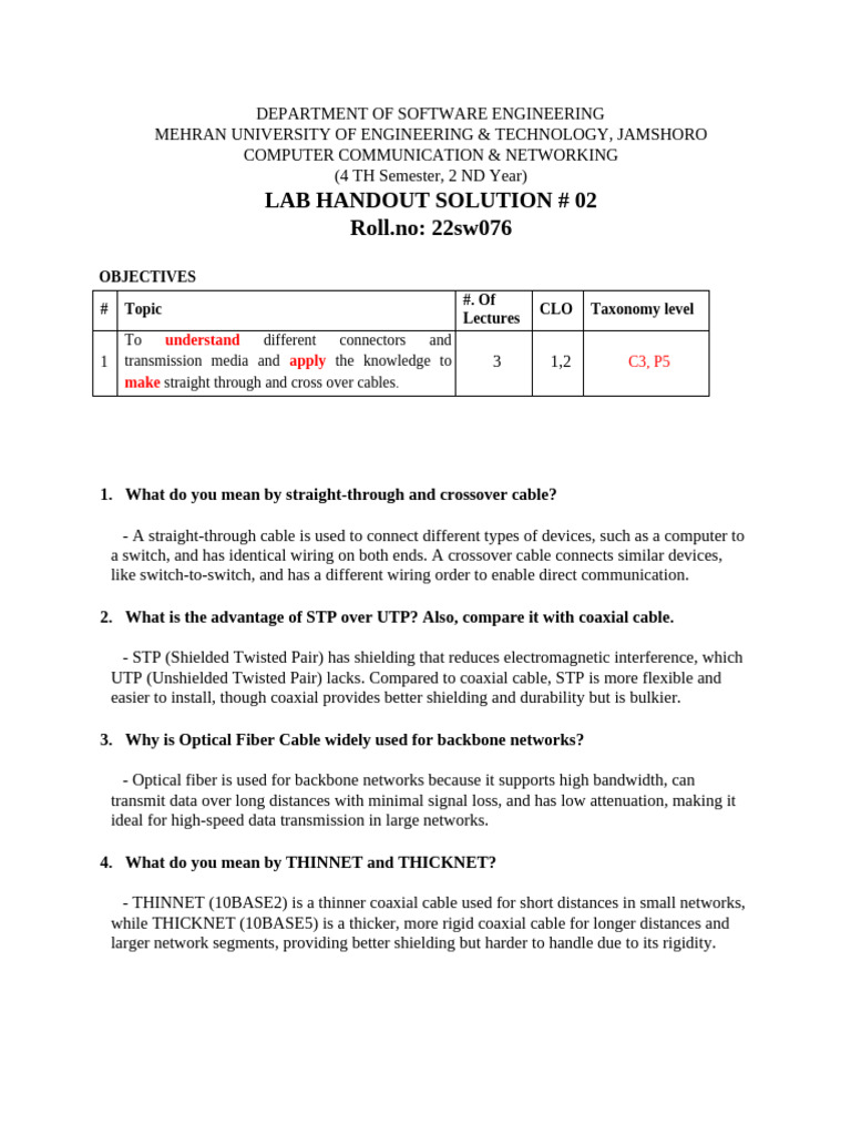 Lab Handout Solution # 02 Roll - No: 22sw076: Objectives # Topic #. of Lectures CLO Taxonomy ...