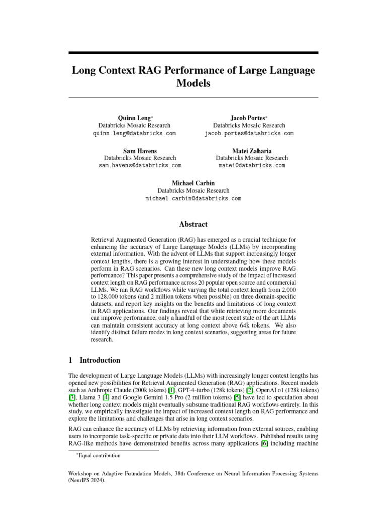 Long Context RAG Performance of Large Language Models | PDF | Artificial Intelligence ...