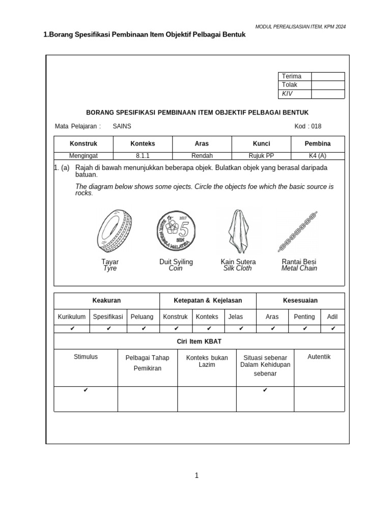 Borang Spesifikasi Pembinaan Item Objektif B | PDF