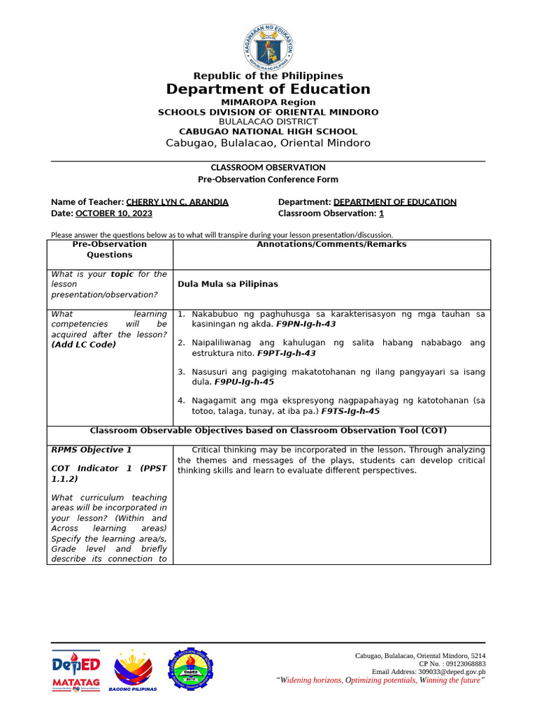 Pre Observation Form COT 1 | PDF | Literacy | Learning
