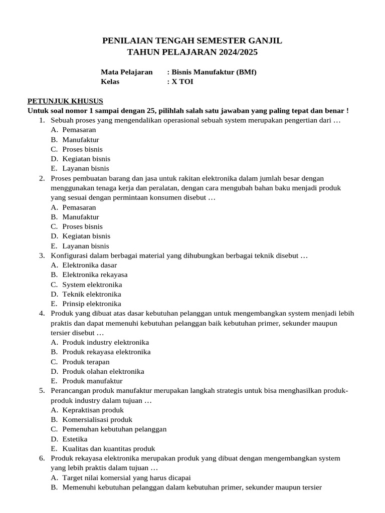 Soal PTS Ganjil Kls X TOI - Mapel BMF | PDF