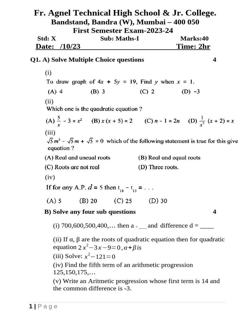 Algebra 1st Sem X 2023-24 | PDF | Quadratic Equation | Equations