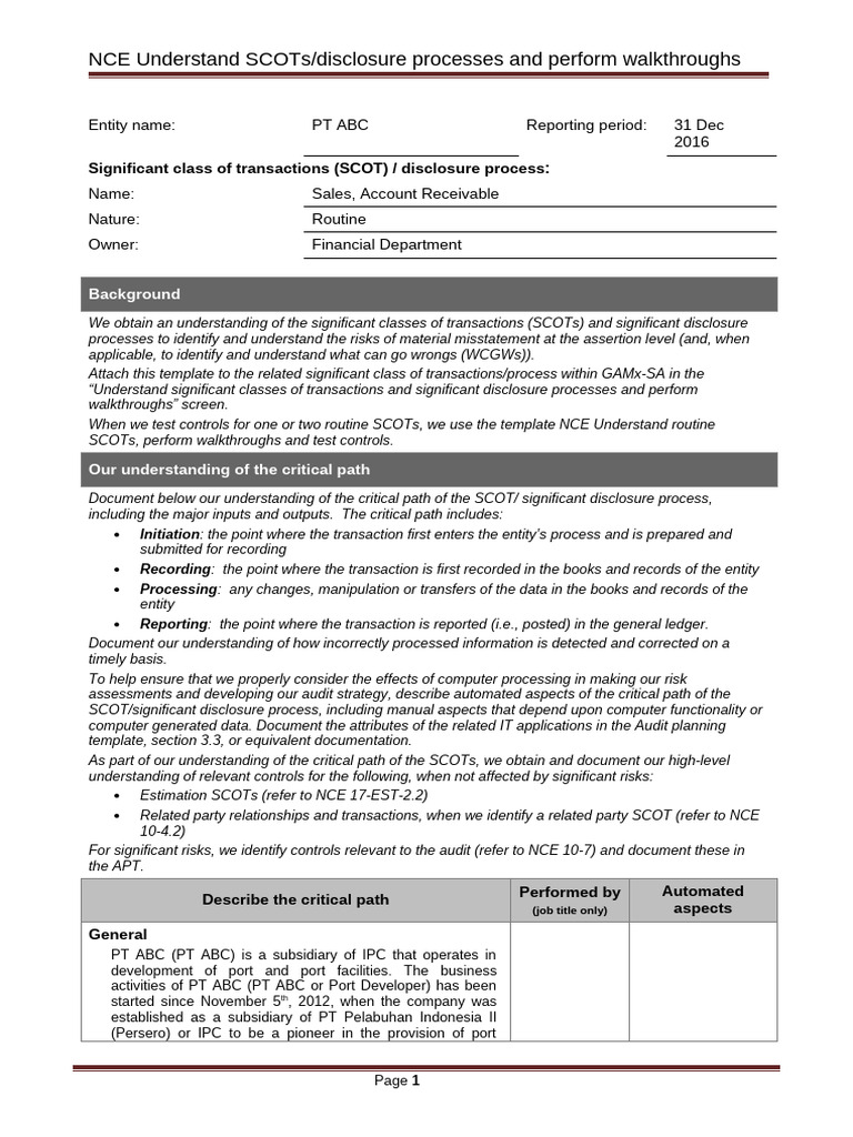 Audit - Understand SCOTs - Disclosure Processes and Perform Walkthrough ...