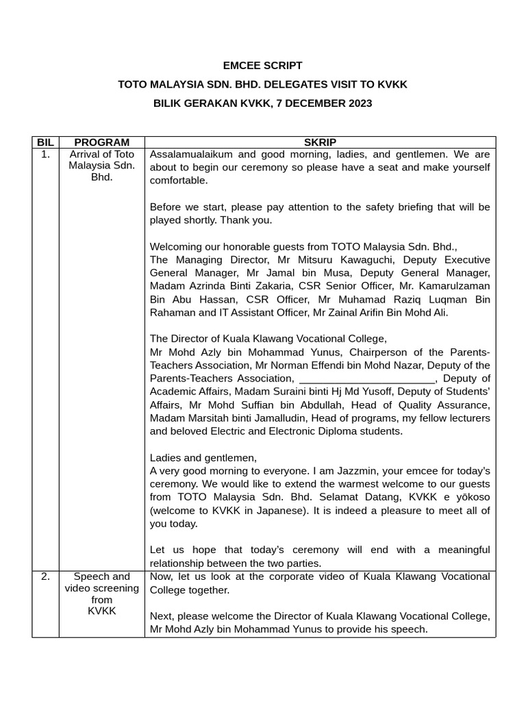 EMCEE SCRIPT TOTO MALAYSIA | PDF