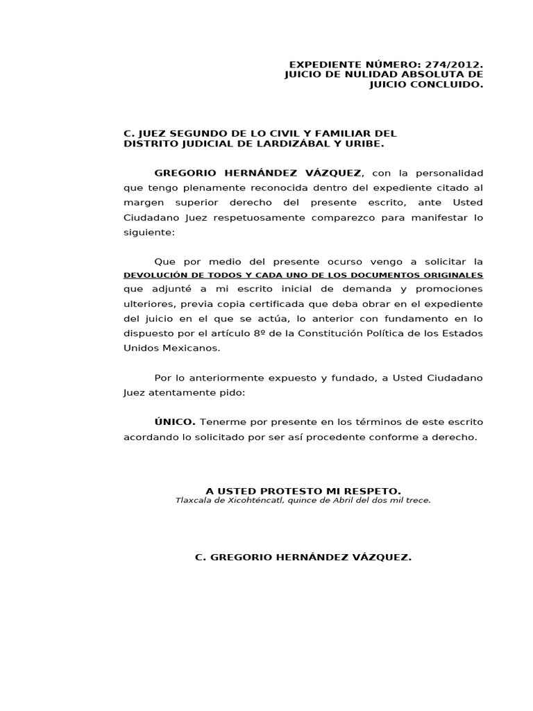 Solicitud Devolución Documentos Judiciales | PDF