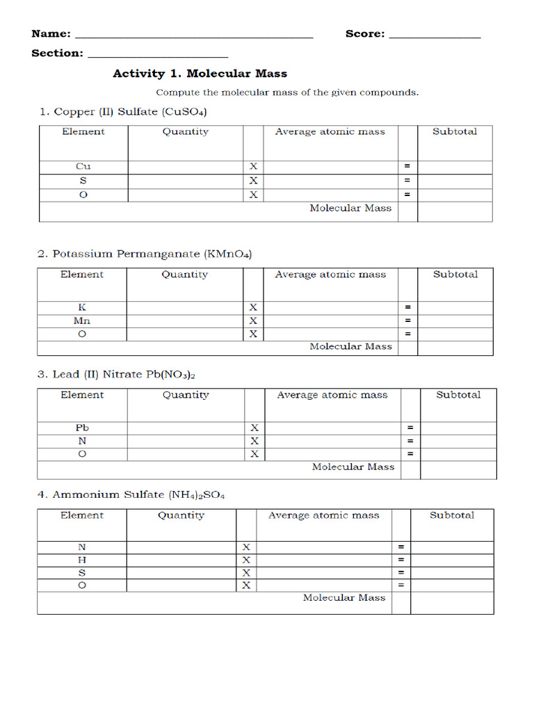Molecular Mass Activity | PDF