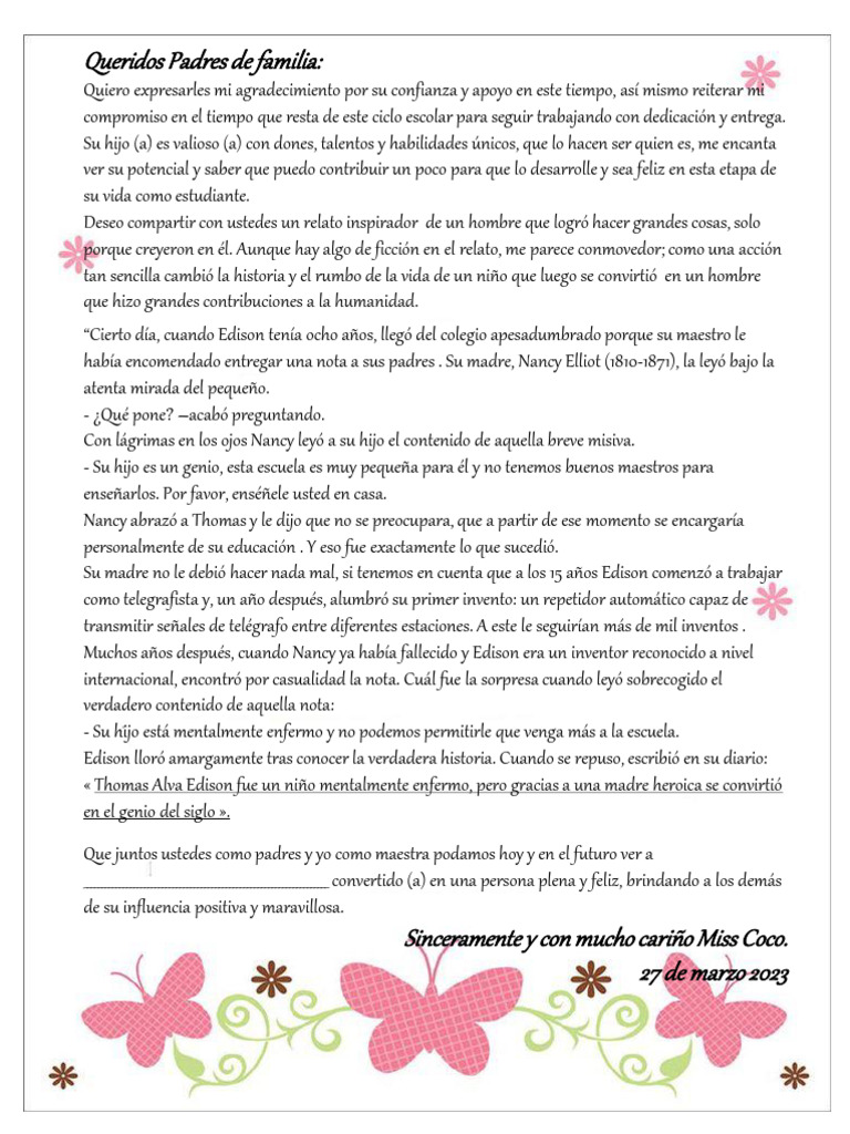 Carta A Los Padres | PDF | Thomas Edison