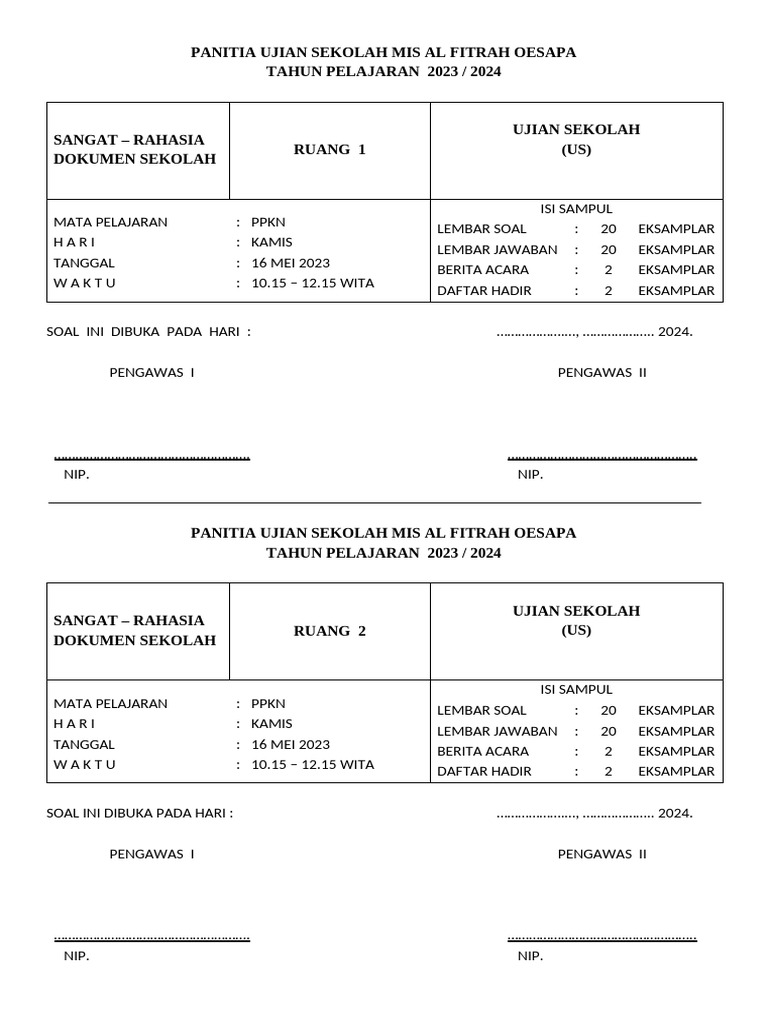 Sampul Amplop Naskah Soal Ujian | PDF