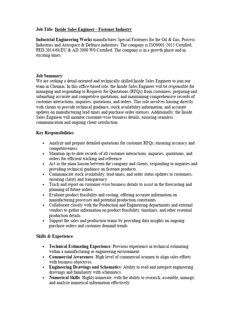 Inside Sales Engineer - Fastener Industry | PDF | Engineering ...