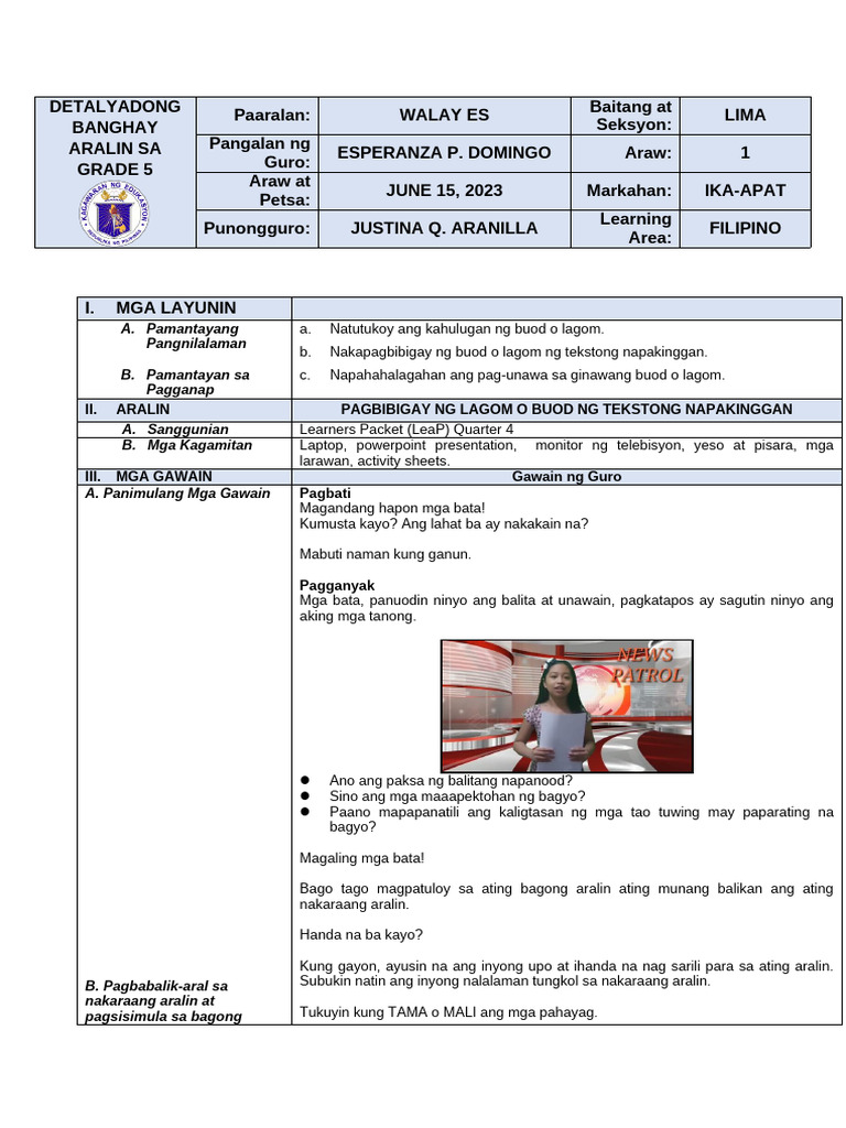 Detalyadong Banghay Aralin Sa Grade 5 | PDF