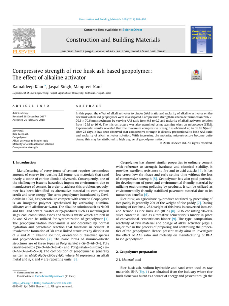 Alta Molaridad NaOH Activacion RHA | PDF | Cement | Building Engineering