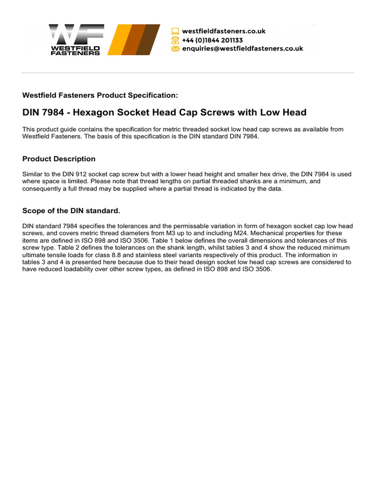 DIN 7984 Low Head Cap Screw Specs | PDF | Screw | Metalworking