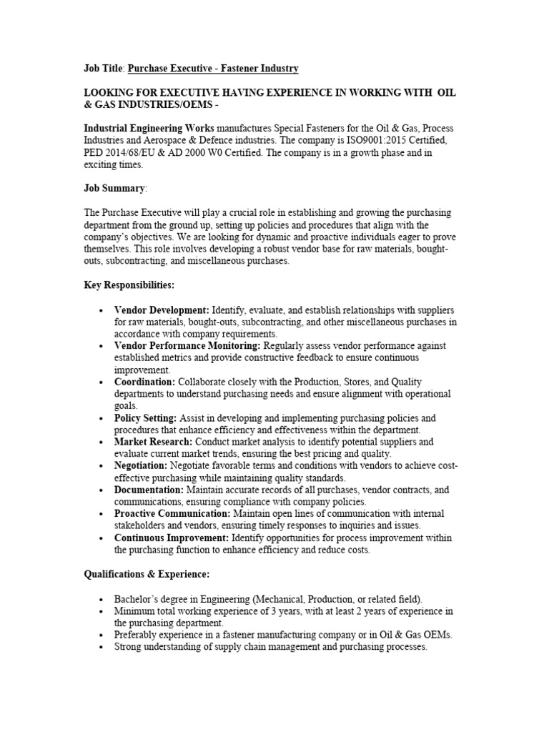 Purchase Exec Role in Fasteners | PDF | Supply Chain | Iso 9000