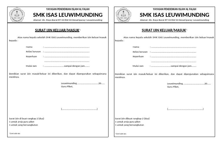 Surat Ijin Keluar Masuk Sekolah Siswa | PDF