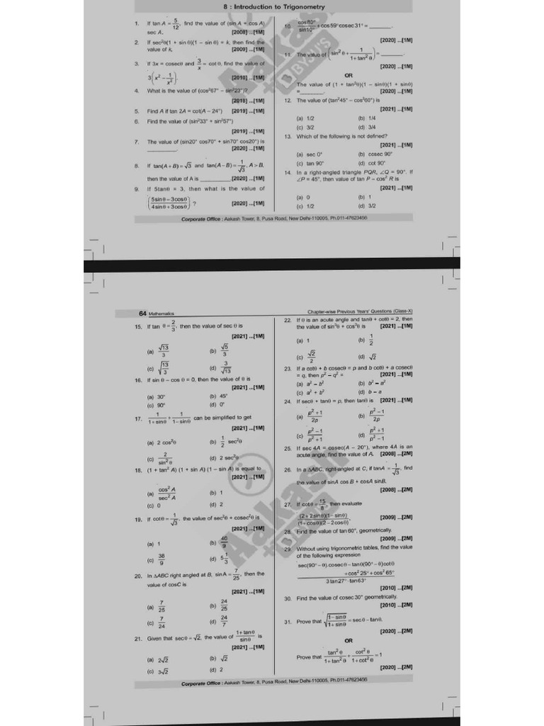 10th Maths Trigonometry Pyq's | PDF