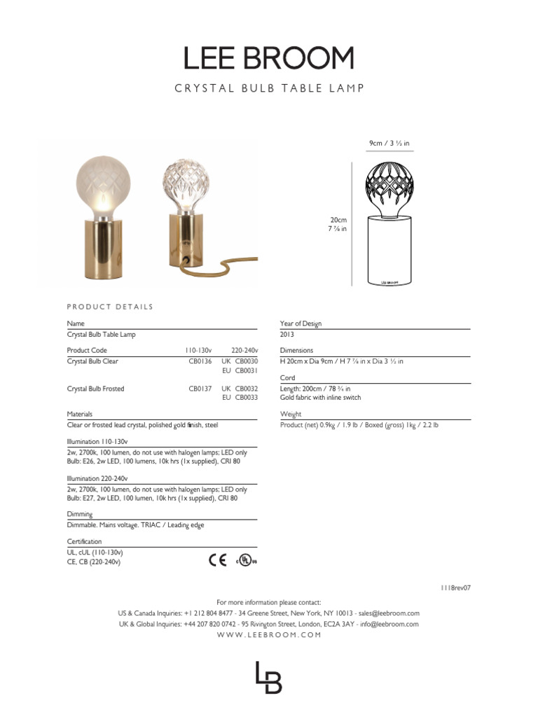 Crystal Bulb Table Lamp Specifications | PDF