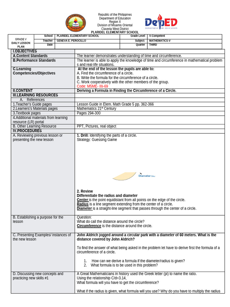 Cot Math 5 Q3 Final | PDF | Circle | Learning