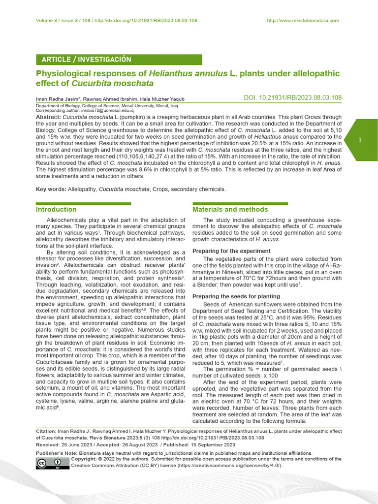 Physiological Responses of Helianthus Annulus L. Plants Under ...
