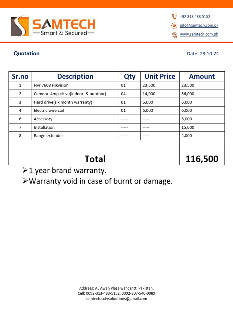 CCTV Installation Quotation - Samtech | PDF