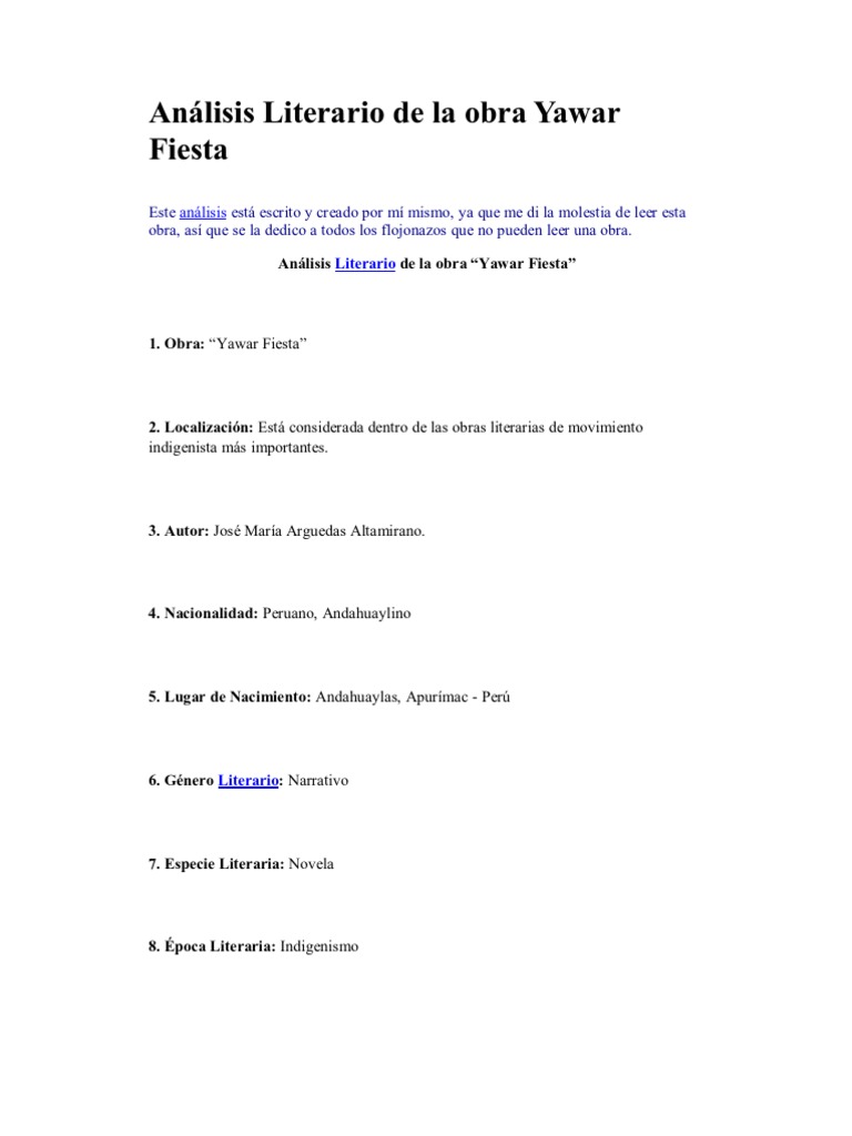 Análisis Literario de La Obra Yawar Fiesta | PDF