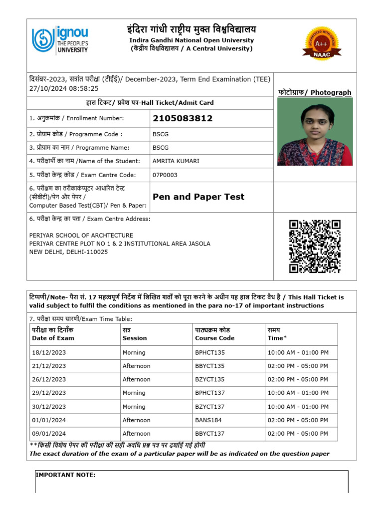 Ignou December-2023 - Hall Ticket - Admit Card | PDF