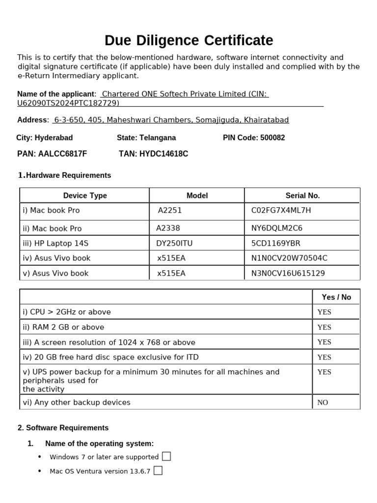 Due Diligence Certificate for IT Setup | PDF | Computer Science | Computing