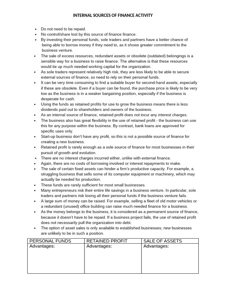 Internal Sources of Finance Activity | PDF | Interest | Profit (Economics)