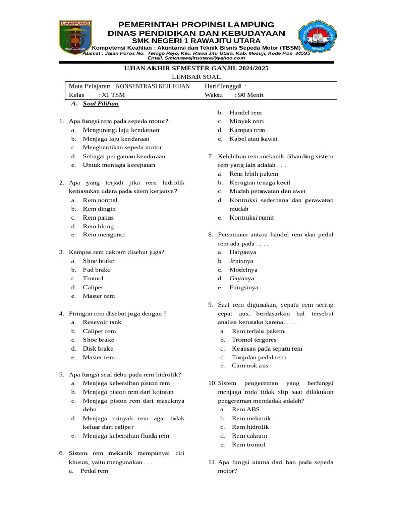 Soal Konsentrasi Xi TBSM TP2024-2025 | PDF