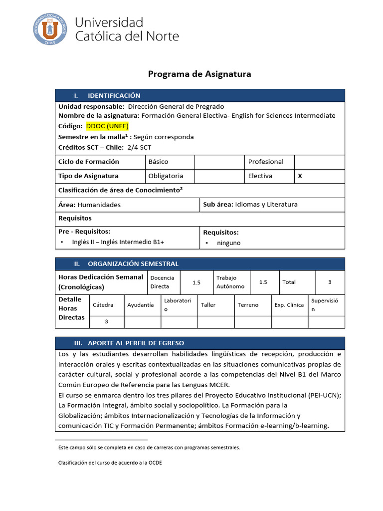 Programa de Asignatura FGE - English For Sciences Intermediate | PDF | Comunicación humana