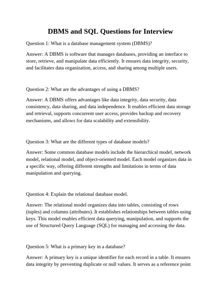 DBMS & SQL Interview Questions | PDF | Databases | Relational Model