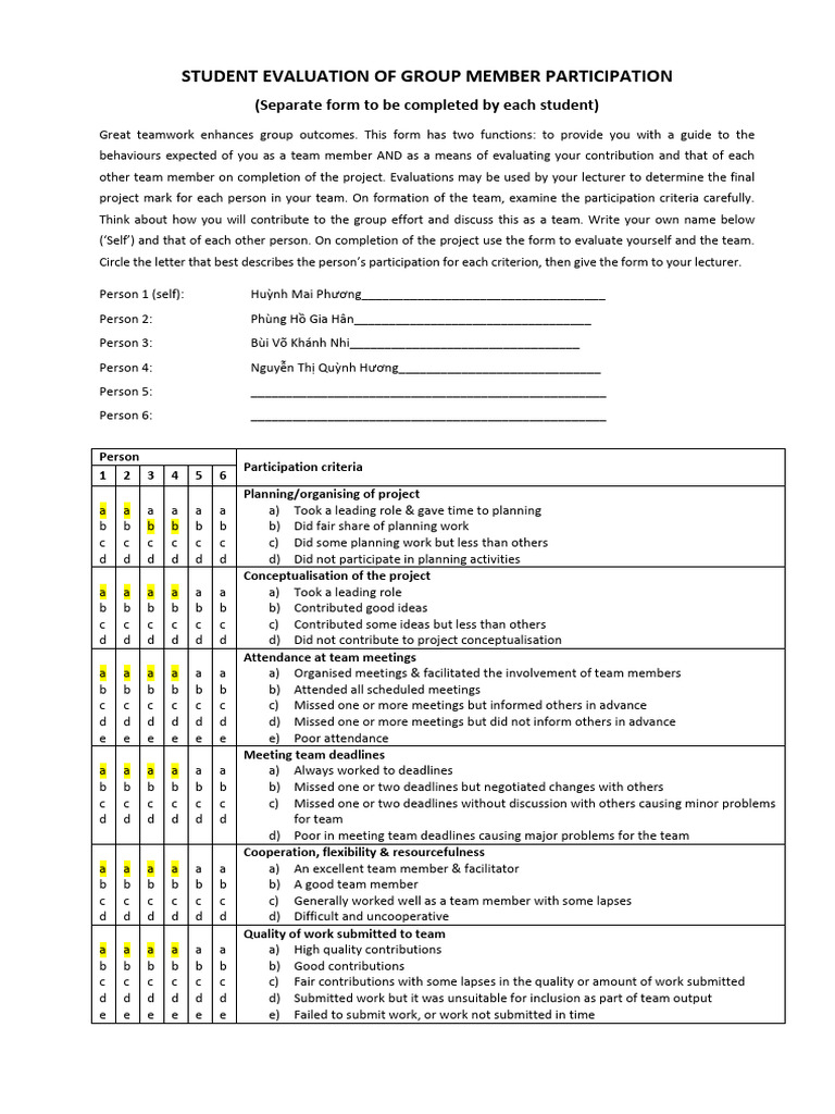 Group Member Participation Evaluation Form | PDF | Social Psychology