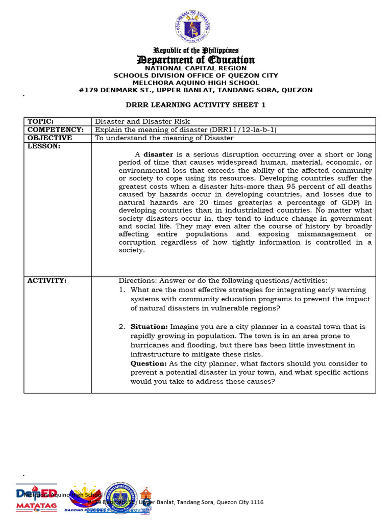 Learning Activity Sheet Sample | PDF | Hazards | Risk