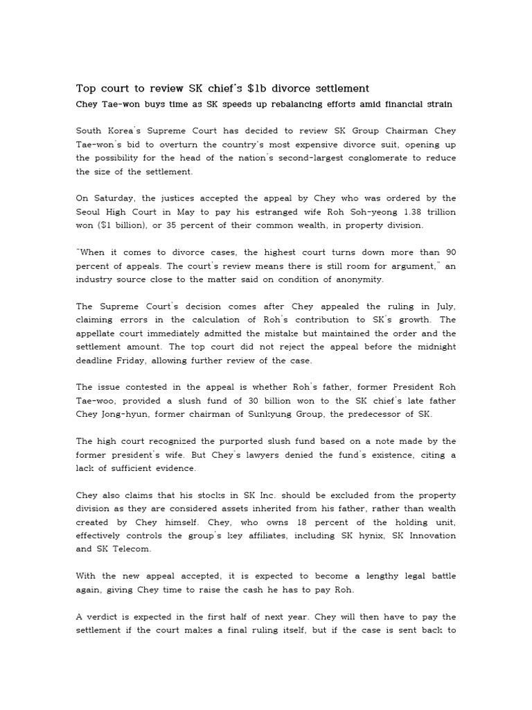 Top Court To Review SK Chief's $1b Divorce Settlement | PDF | Courts ...