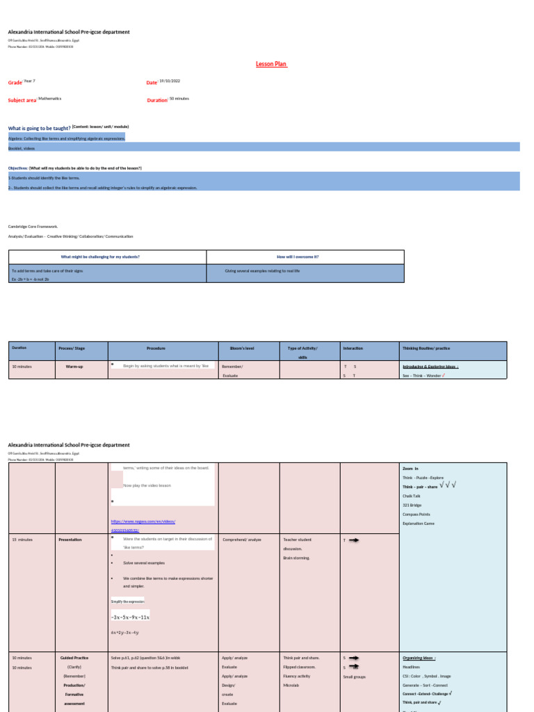 Lesson Plan 23 Collecting Like Terms | PDF | Human Communication ...