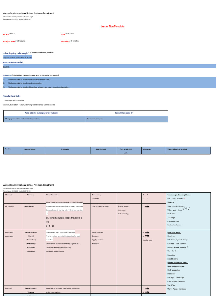Year 7 Math Lesson Plan: Algebra Indices | PDF | Mathematics | Equations