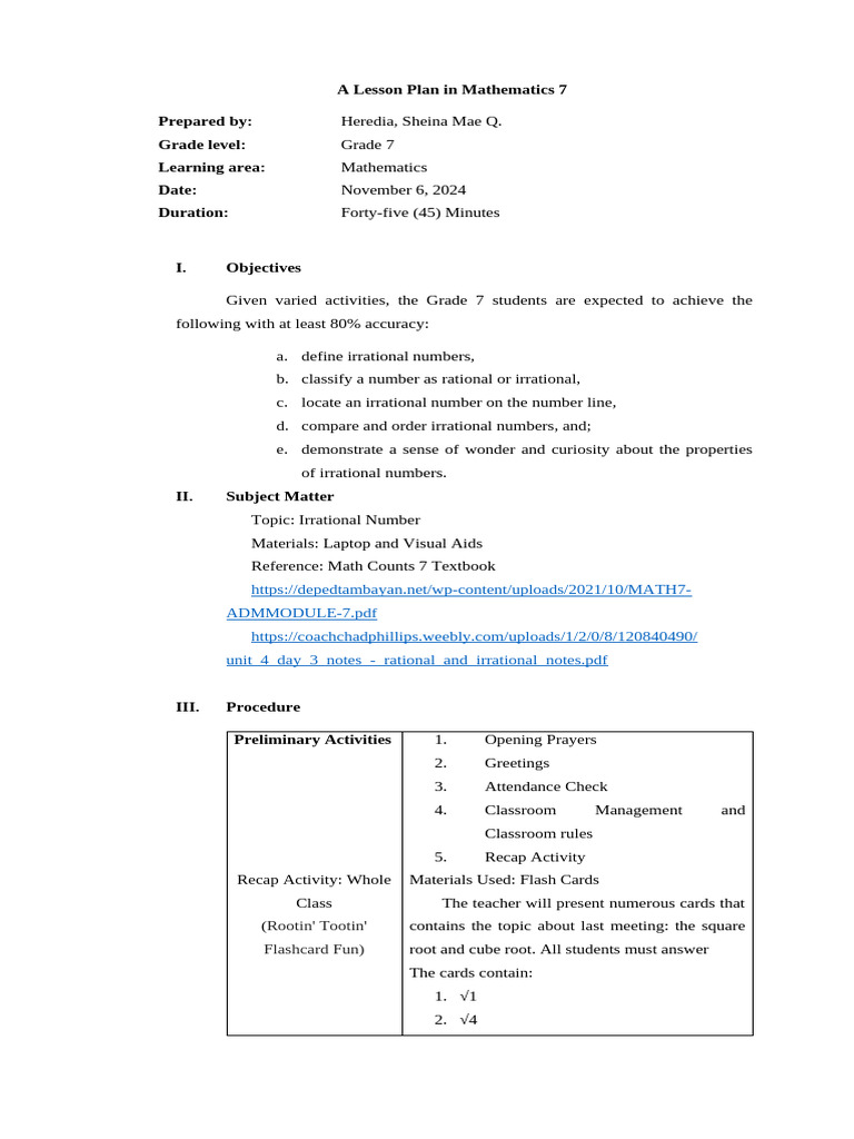 Irrational Number Final Lesson Plan Grade 7 | PDF | Numbers | Rational ...
